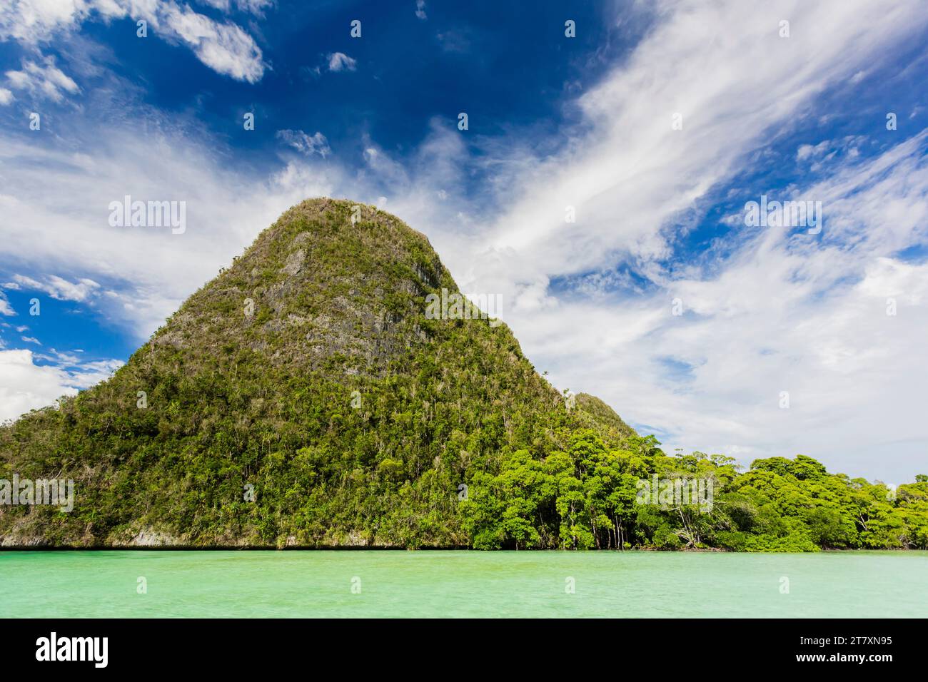 A view of islets covered in vegetation from inside the natural ...