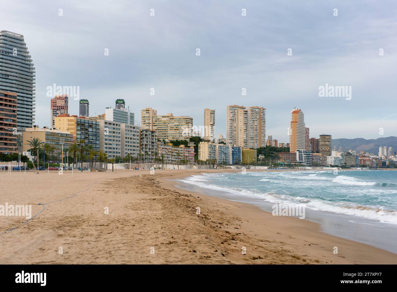 Benidorm beach with hotels on a cloudy day, Benidorm, Costa Blanca ...