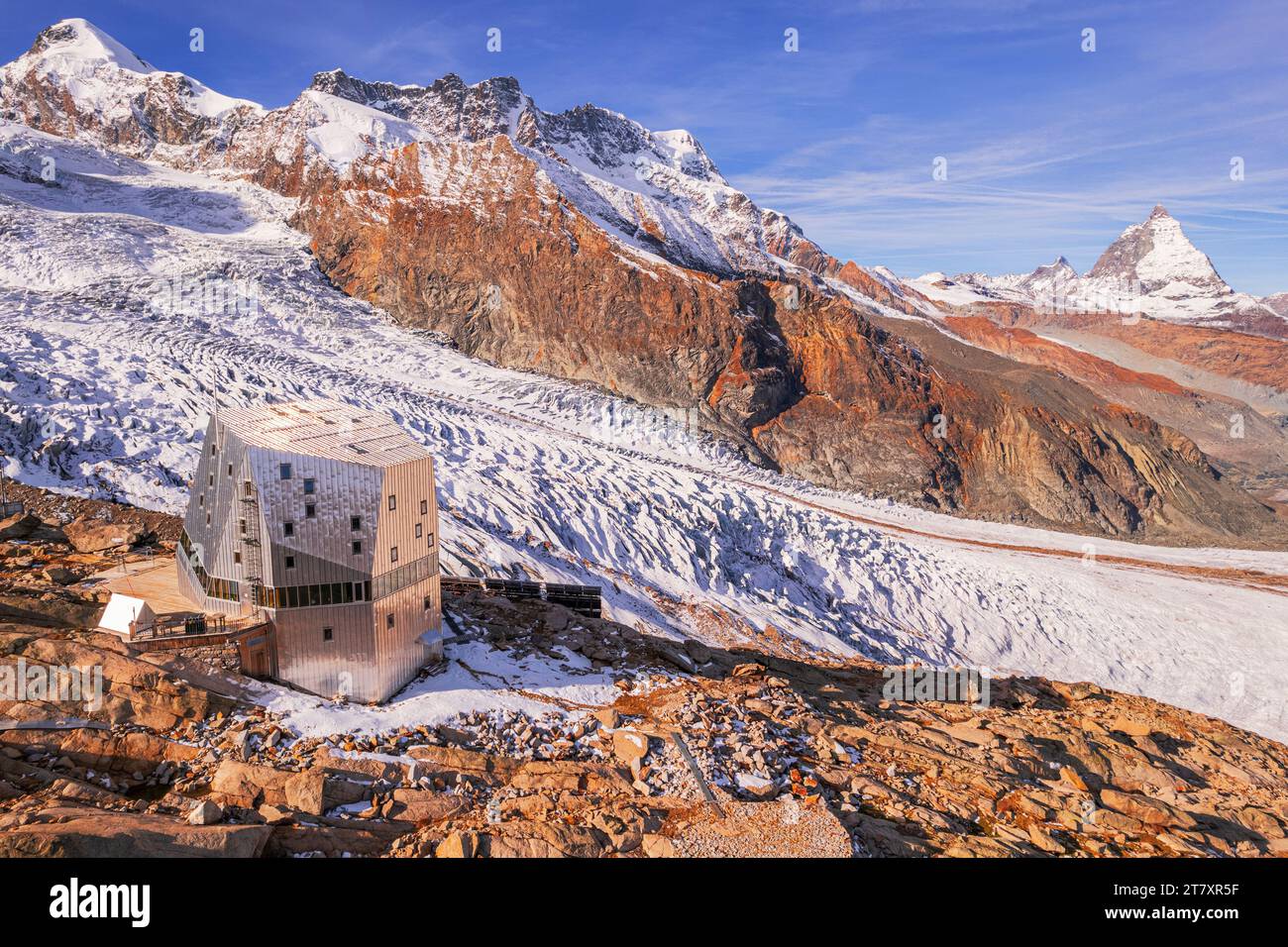 Monte Rosa hut (hutte) with the Matterhorn pyramid in the background ...