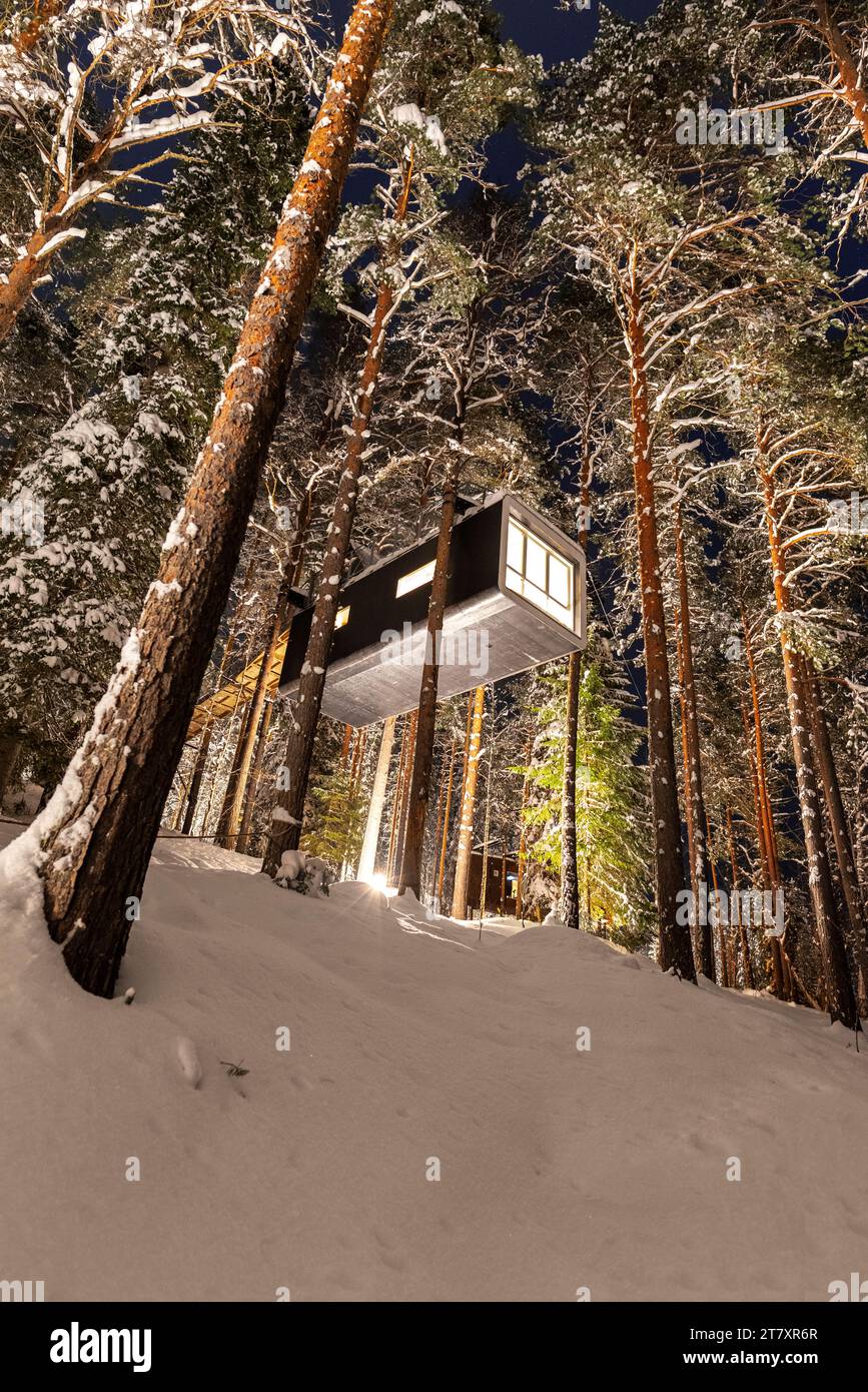 View from below of a hotel room shaped like a capsule on top of trees ...
