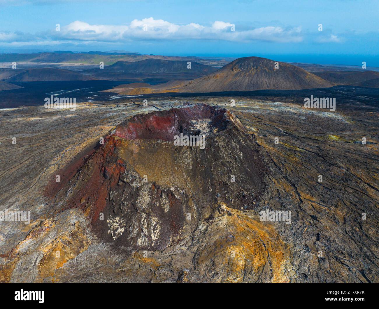 Aerial view of the volcanic cone in eruption area near to Reykjavik ...