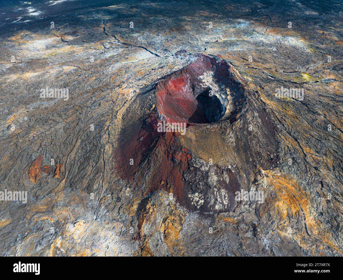 Aerial view of volcanic cone in the eruption area near to Reykjavik ...