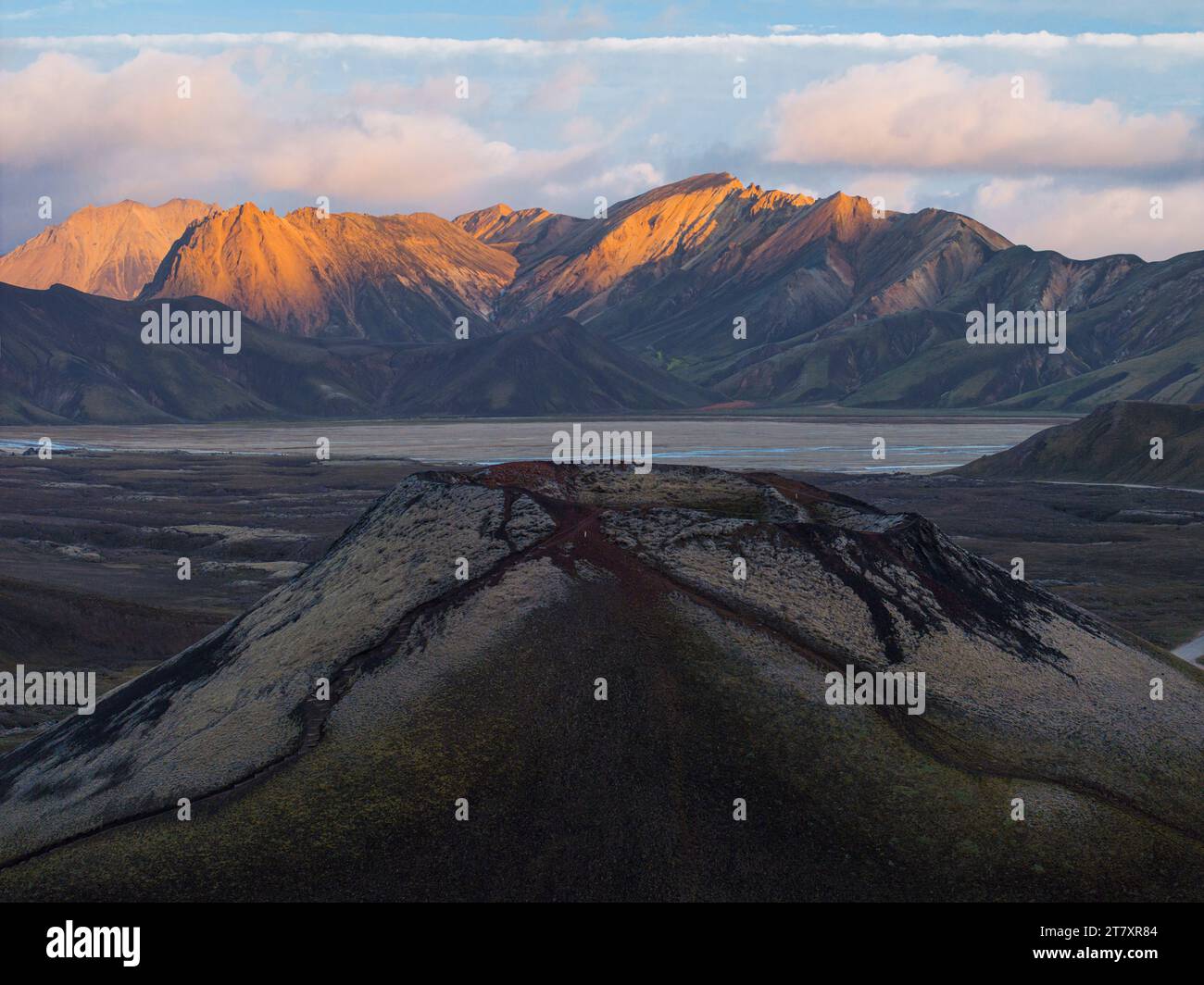 Aerial view taken by drone of little volcano in Landmannalaugar area on ...