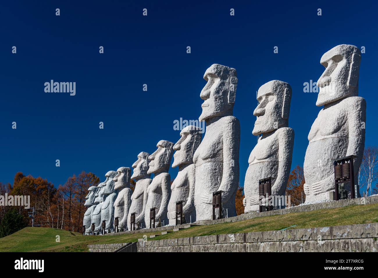Moai statues against a blue sky, Makomanai Takino Cemetery, Hill of the ...
