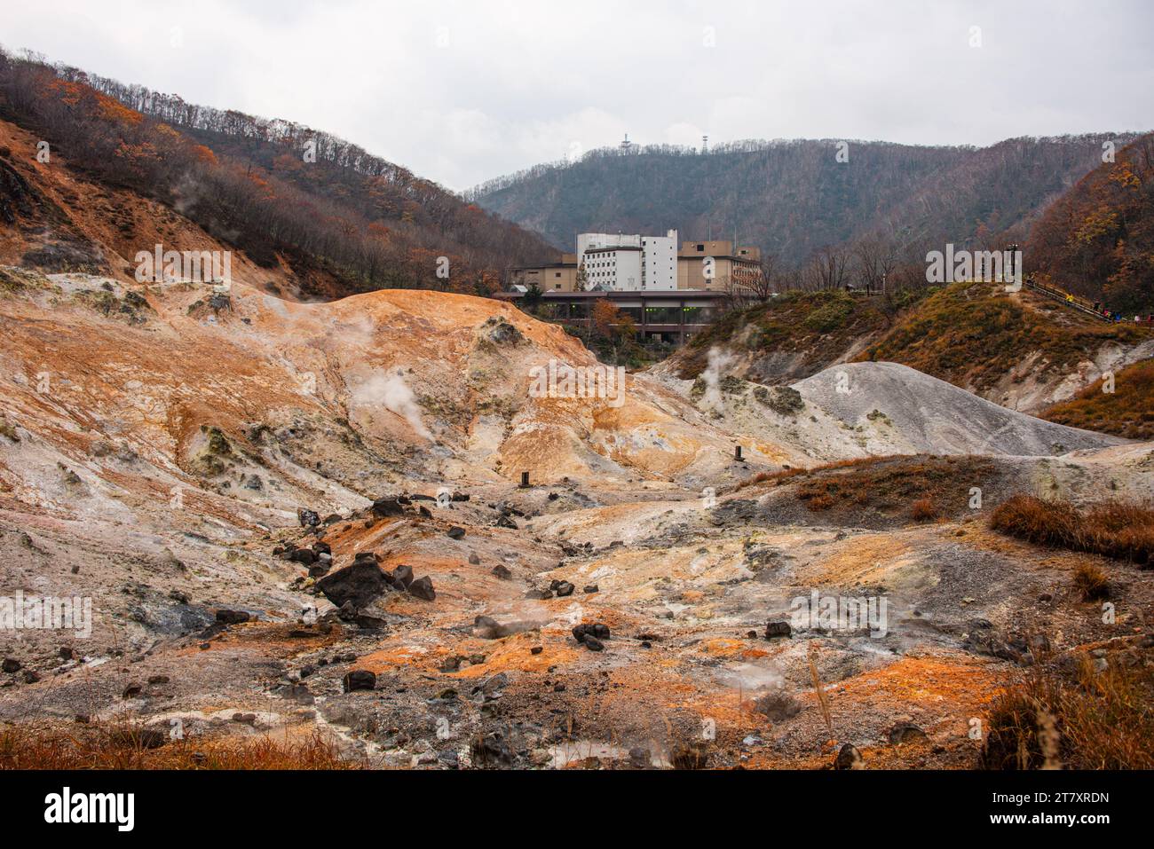 Volcanic sulphur pits in front of a hotel complex, Noboribetsu ...