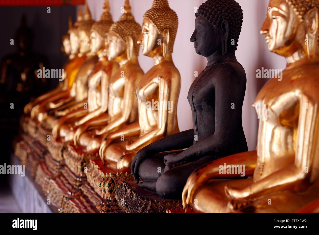 Row of golden Buddha statues, earth witness gesture, Wat Pho (Temple of ...