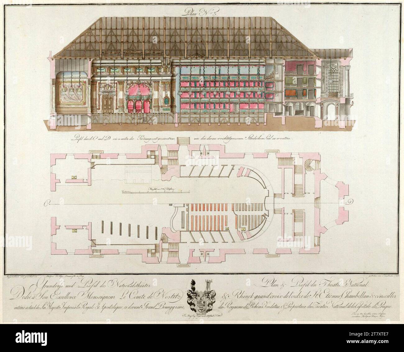 Johann Berka Cross -section and floor plan to the National Theater in ...