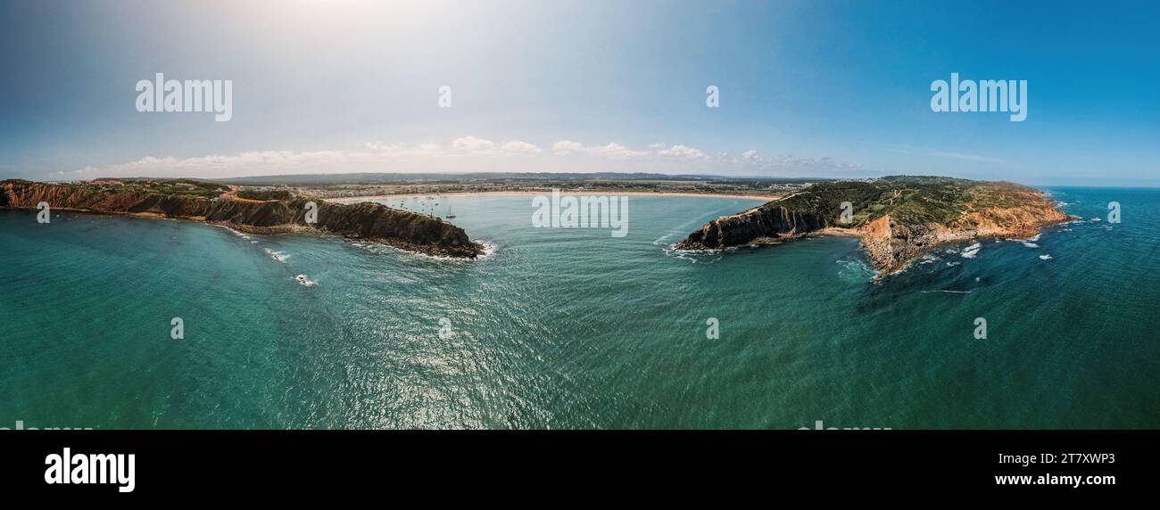 Aerial panoramic view of entrance to scallop-shell shaped bay at Sao ...