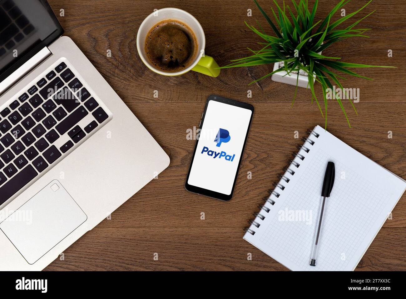 Paypal on phone screen. Top view of workspace. Table desk with laptop ...