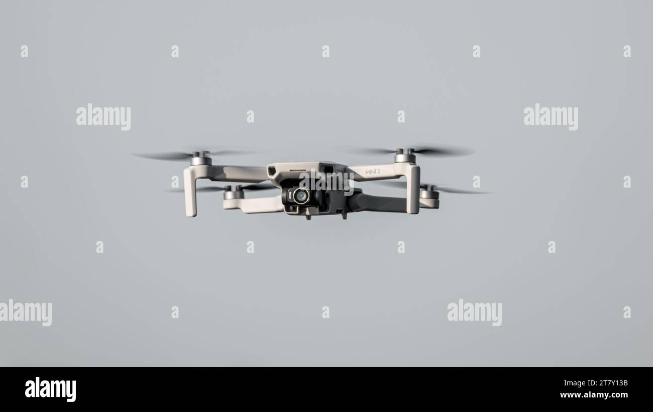 Kharkiv, Ukraine - July 02, 2021: Dji Mini 2 drone, flying in sunny day ...
