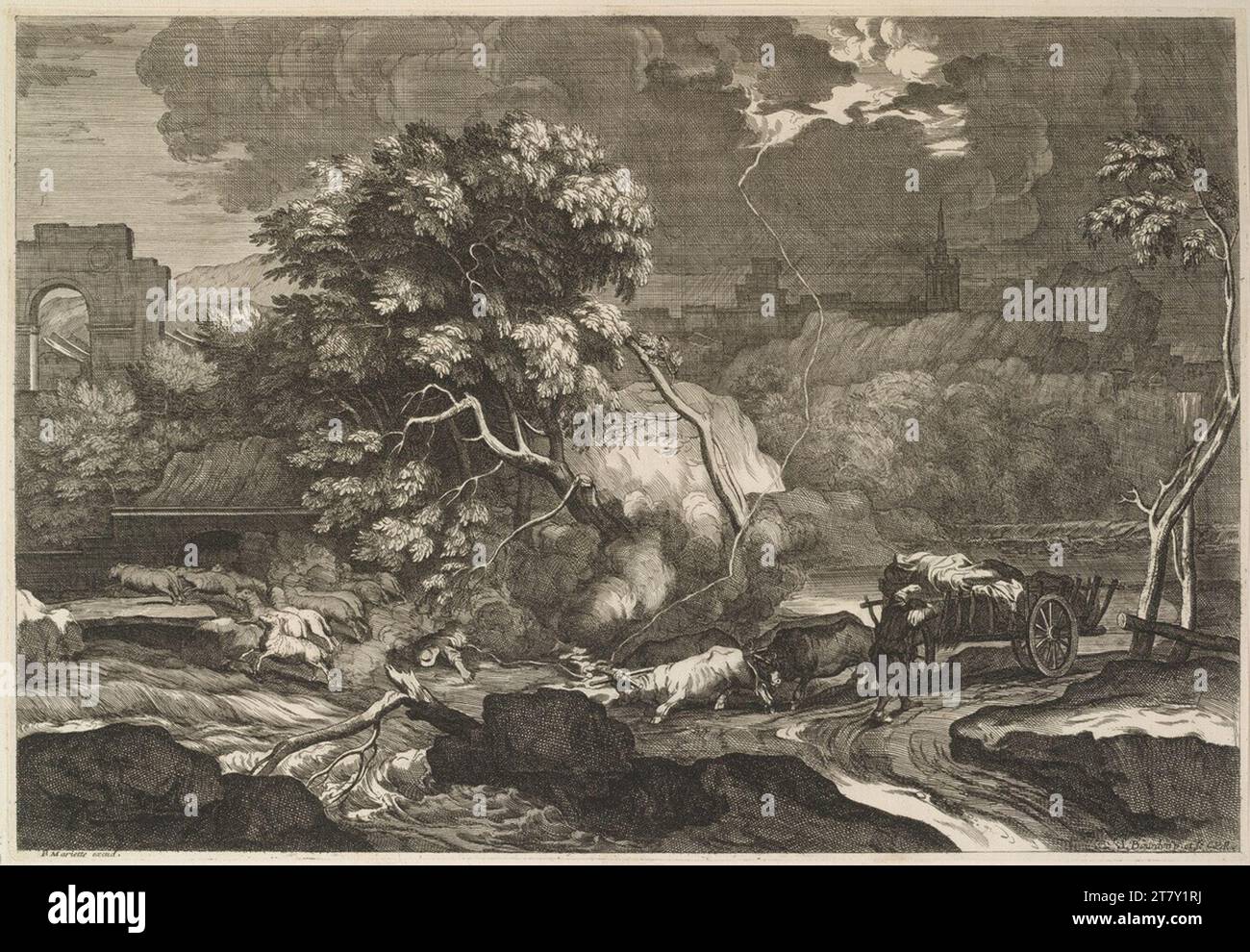 Sébastien Bourdon Stormy landscape with ox carts and fleeing flock of ...