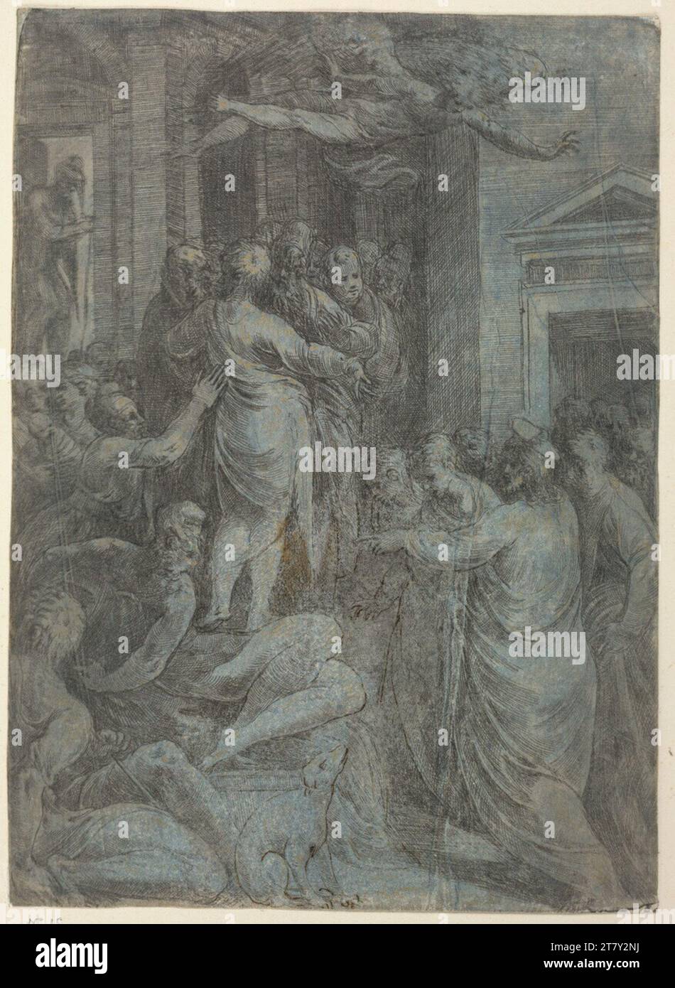 Andrea Meldolla Christ heals a paralyzed. Etching on blue -colored ...