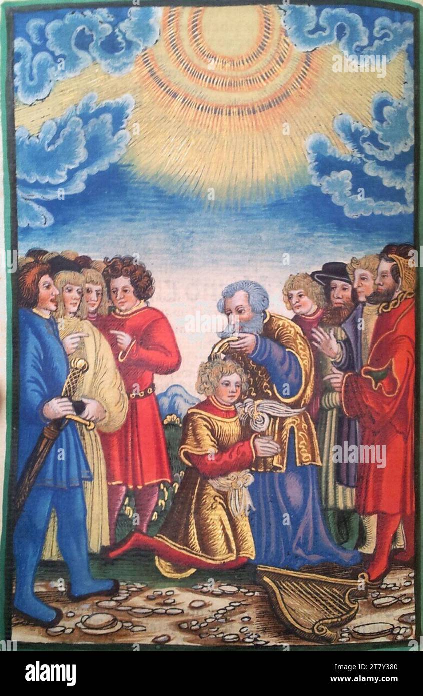 Georg Lemberger Old will (Luther Bible): First anointing of David (1 Samuel 16, 13). Woodcut ...