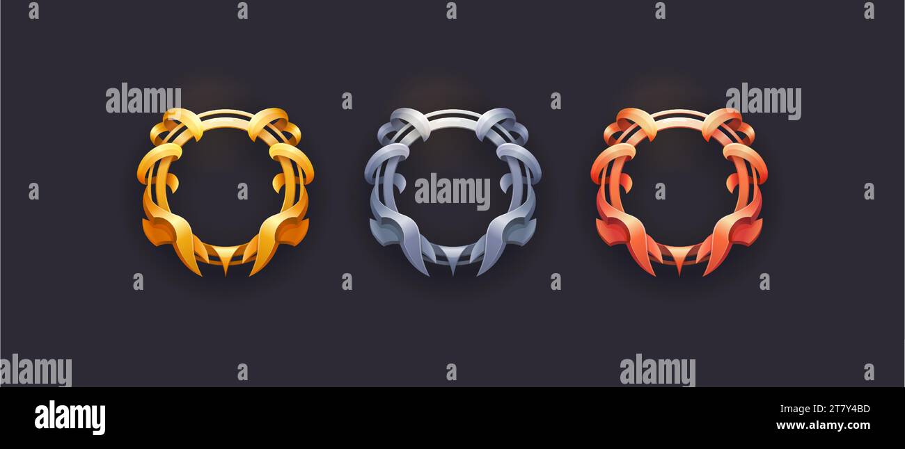 Set of game frames on black background. Gold, silver, bronze metal ...