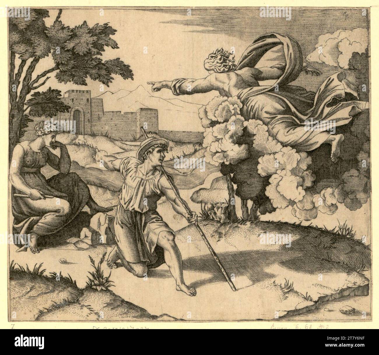 Marco Dente (Engraver) God appears Isaac. Copper engraving print 1519 ...