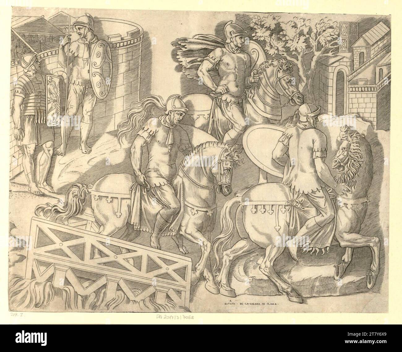 Marco Dente (Engraver) Roman riders cross a bridge. Copper engraving ...
