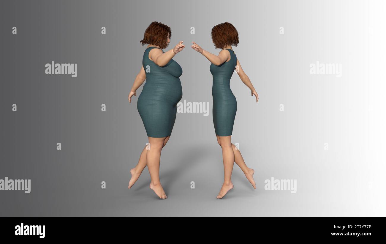 Conceptual fat overweight obese female vs slim fit healthy body after ...