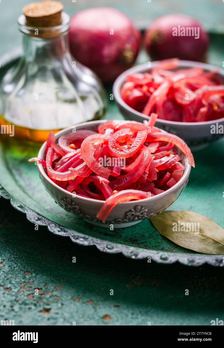 Homemade pickled sliced red onions with ingredients Stock Photo - Alamy