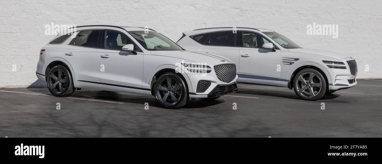 Lafayette - November 16, 2023: Genesis GV70 and GV80 SUV display at a dealership. Genesis offers ...