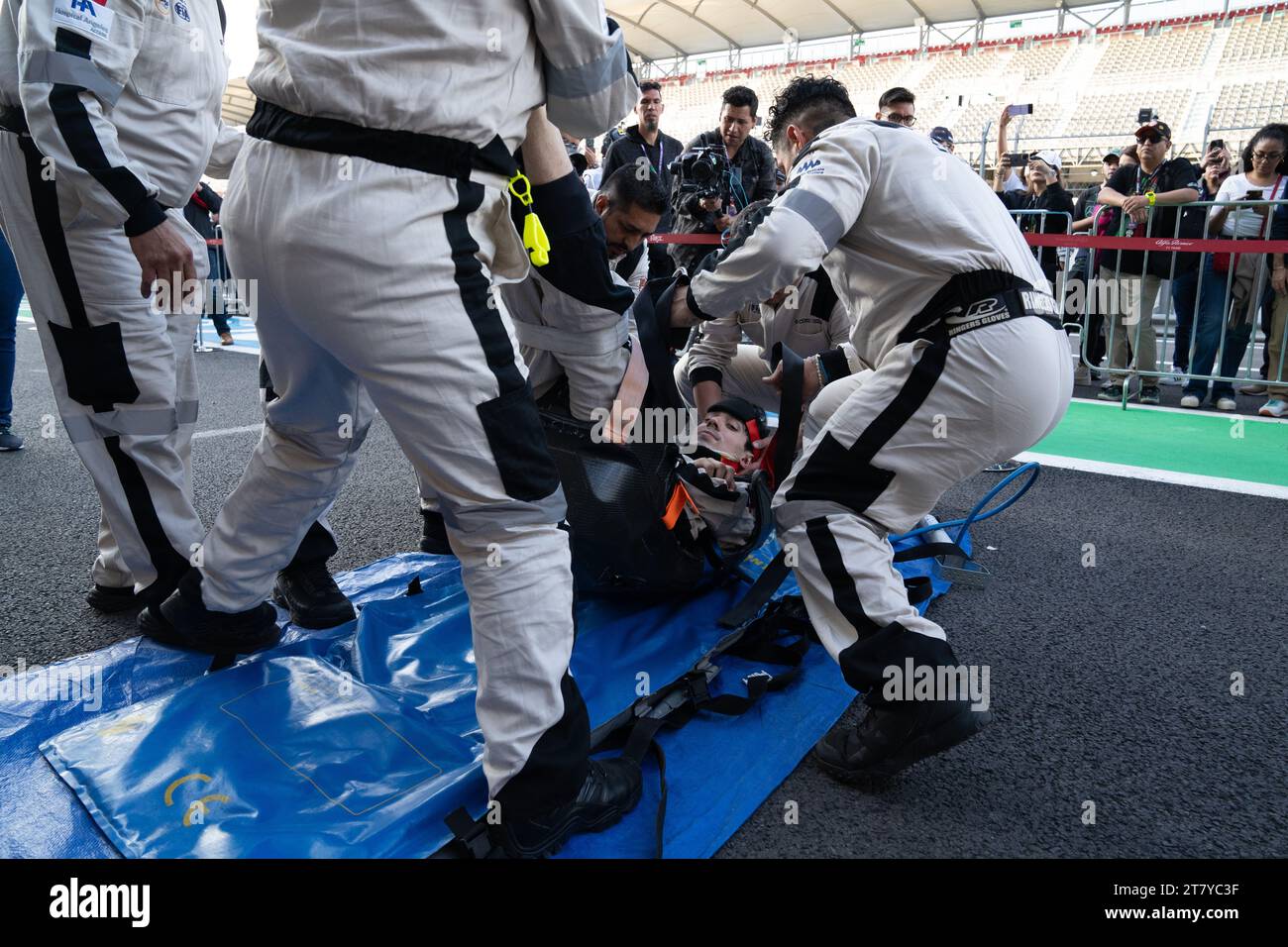 The extrication team practice removing a driver and seat from an F1 car ...