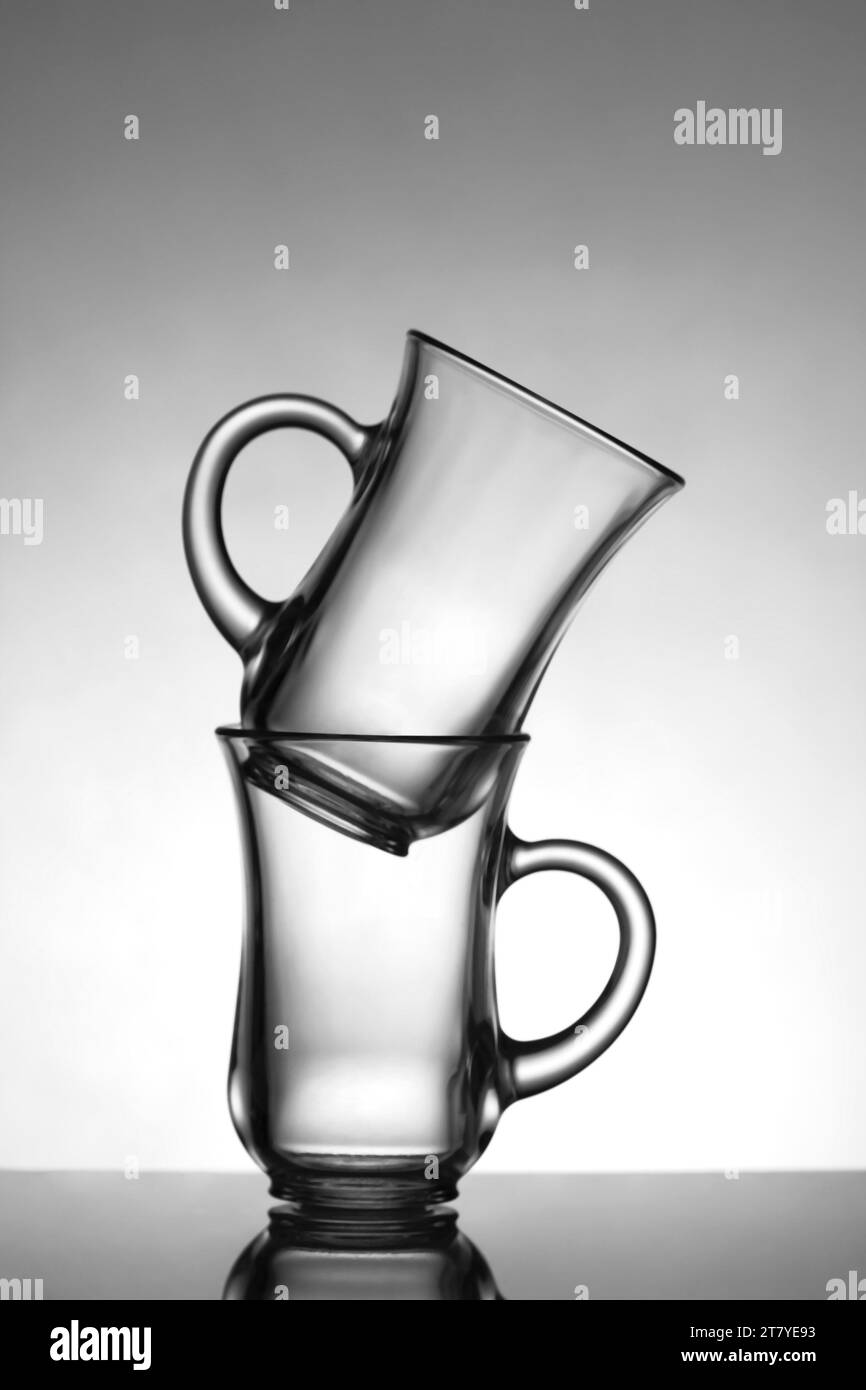 Glasses for tea on a black and white background. Empty glasses are on ...