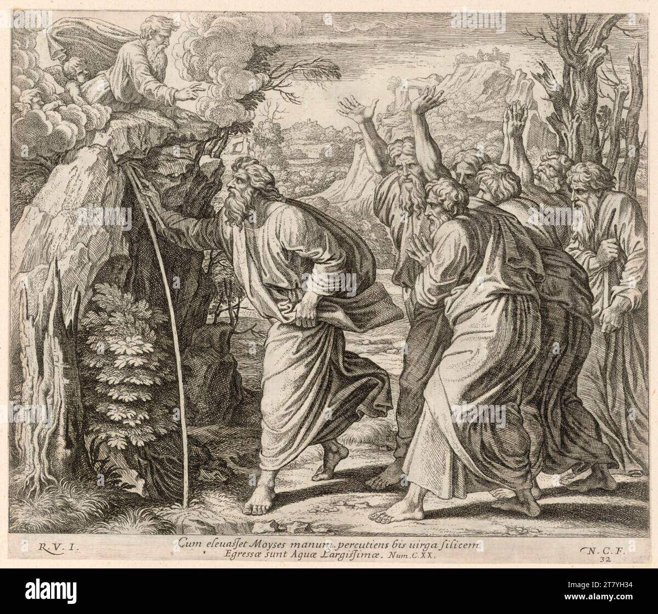 Nicolas Chaperon (Engraver) Moses hits water from the rock. etching ...