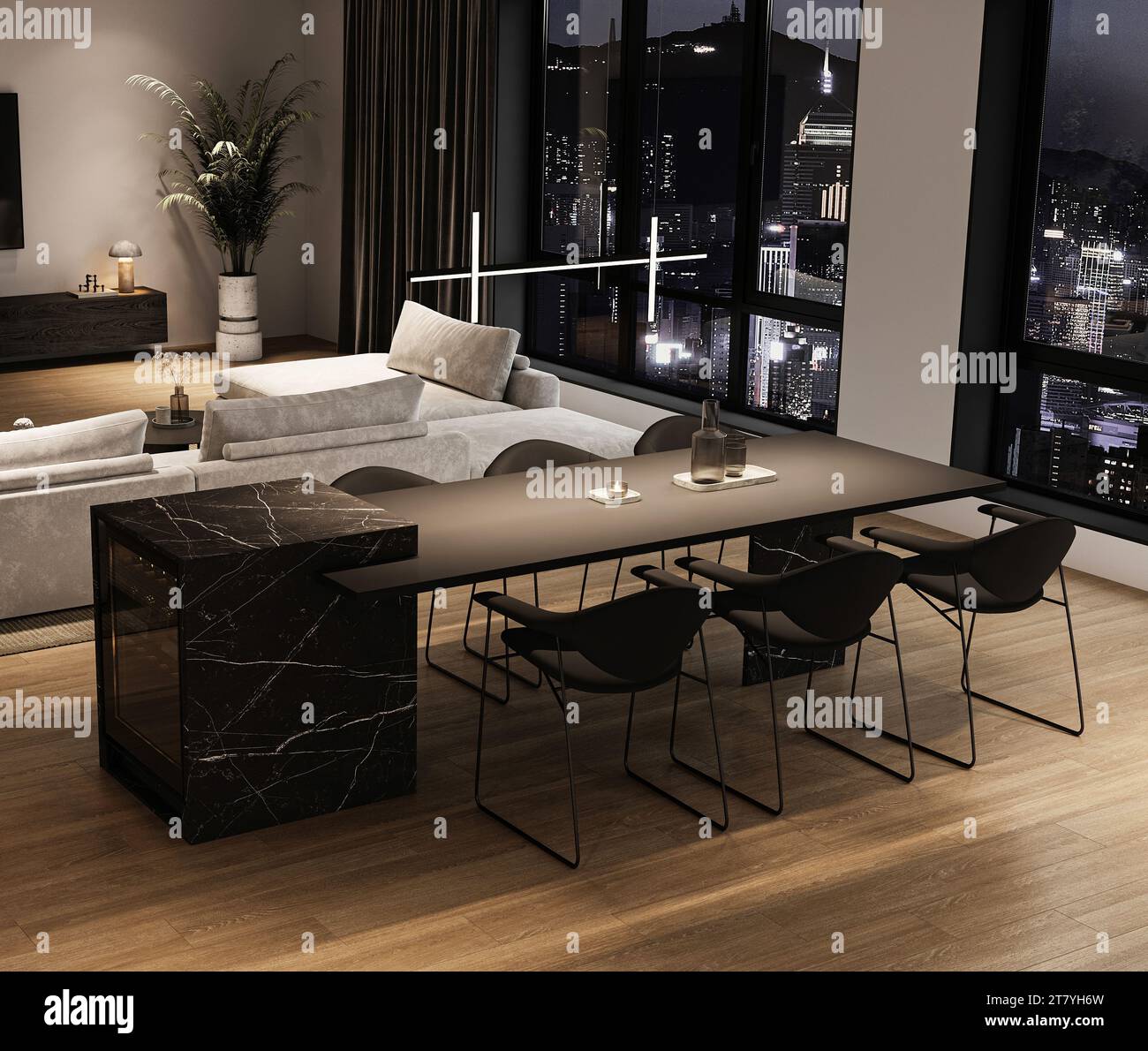 Modern dining room with city skyline view at night Stock Photo - Alamy