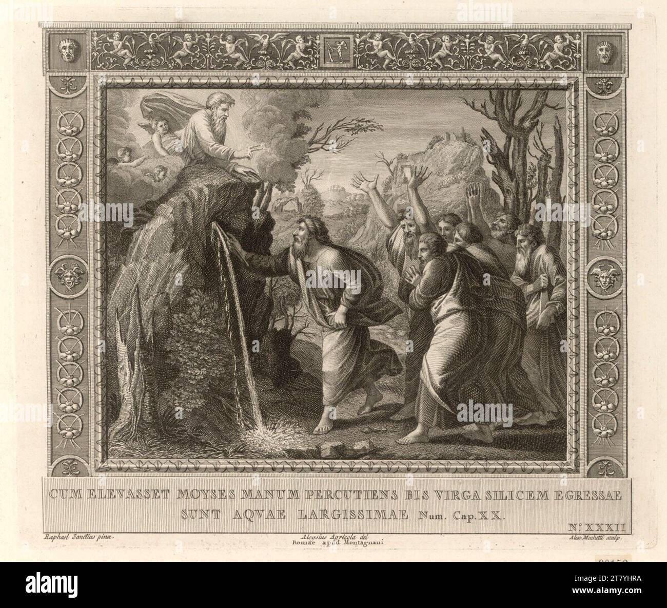Alessandro Mochetti (Engraver) Moses hits water from the rock. Copper engraving print around ...