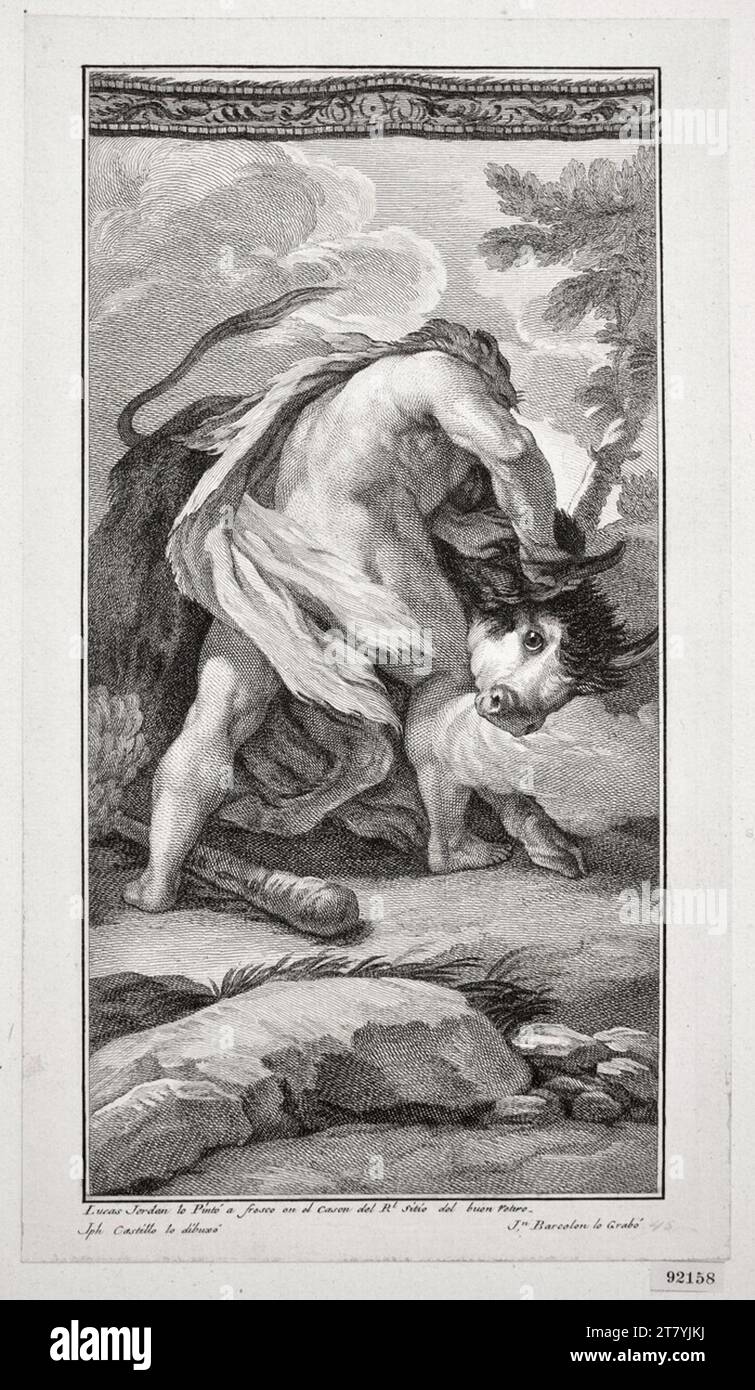 Juan Barcelon (Engraver) Hercules and the Cretan bull. Copper engraving ...