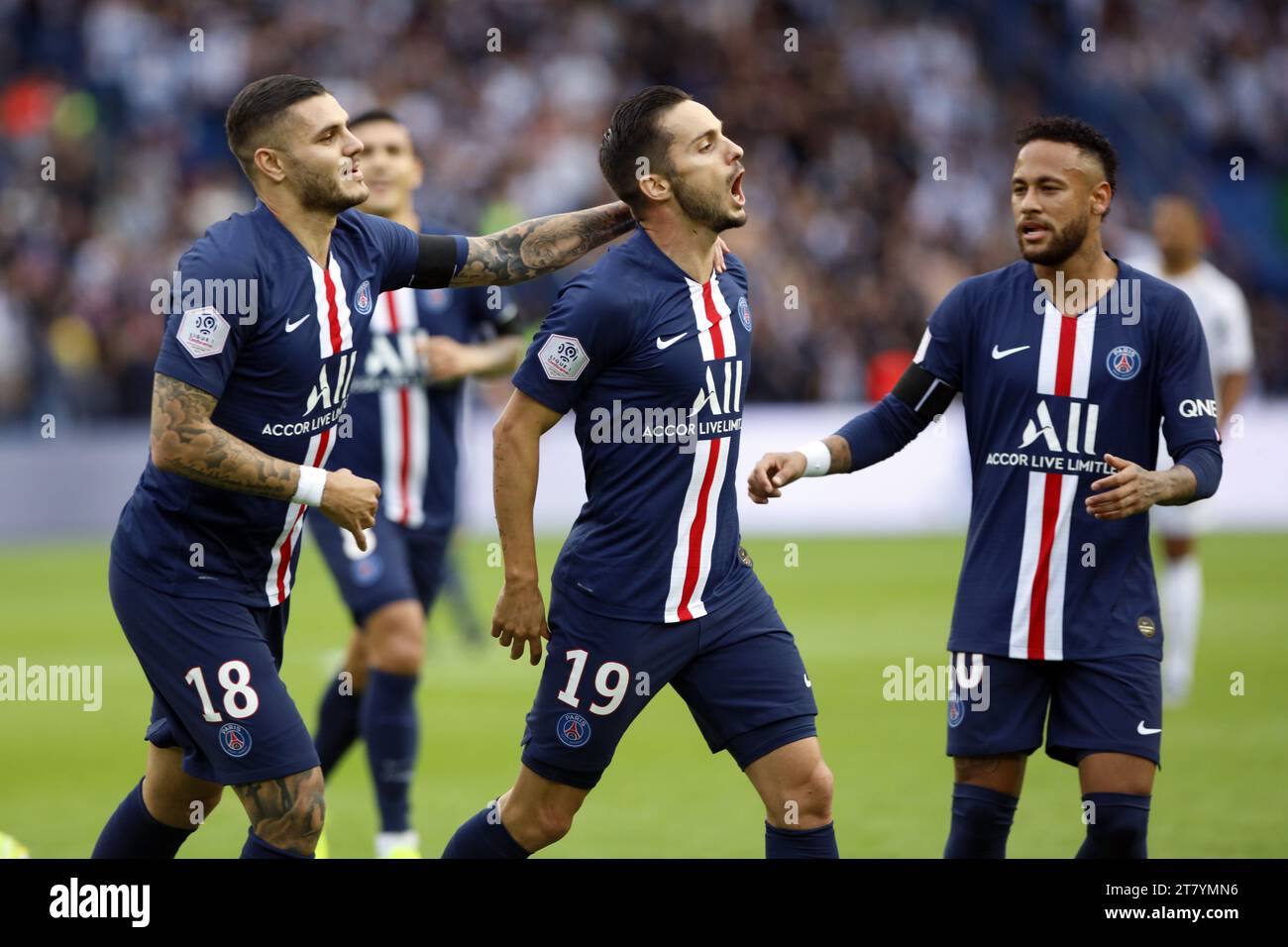 Pablo SARABIA of PSG celebrates his goal with Neymar and Mauro Icardi ...