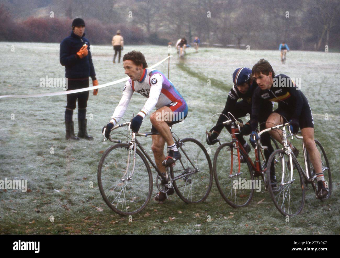 1983, january, wintertime and at a cycle cross race, three riders on ...