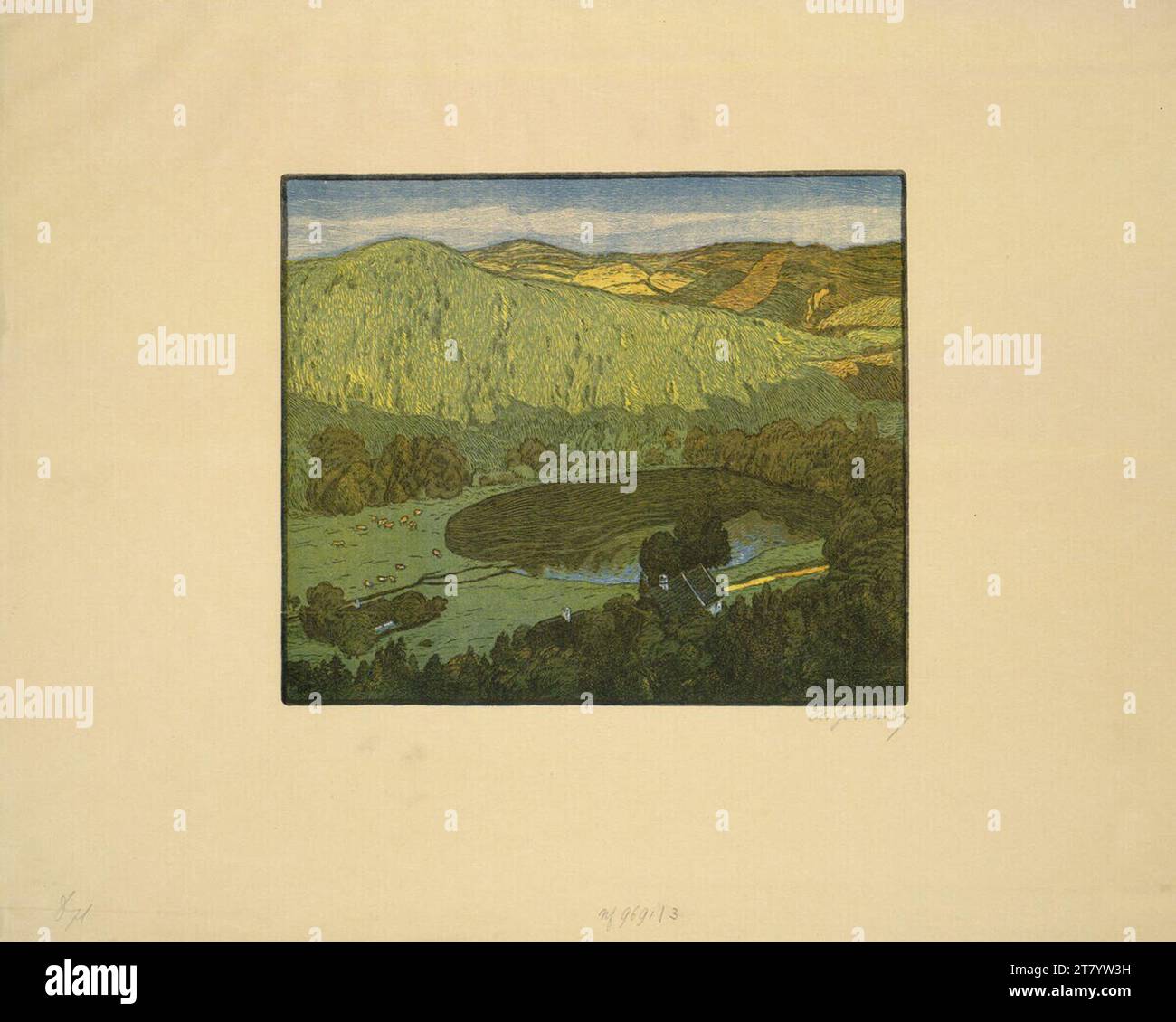 Adolf Zdrazila Mountain lake. Colored woodcut 1903 , 1903 Stock Photo ...