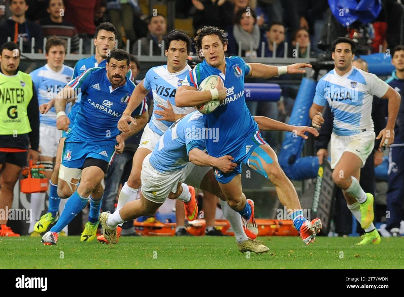 Leonardo Campagnaro of Italy is tackled by Guido Petti of Argentina during the friendly match ...