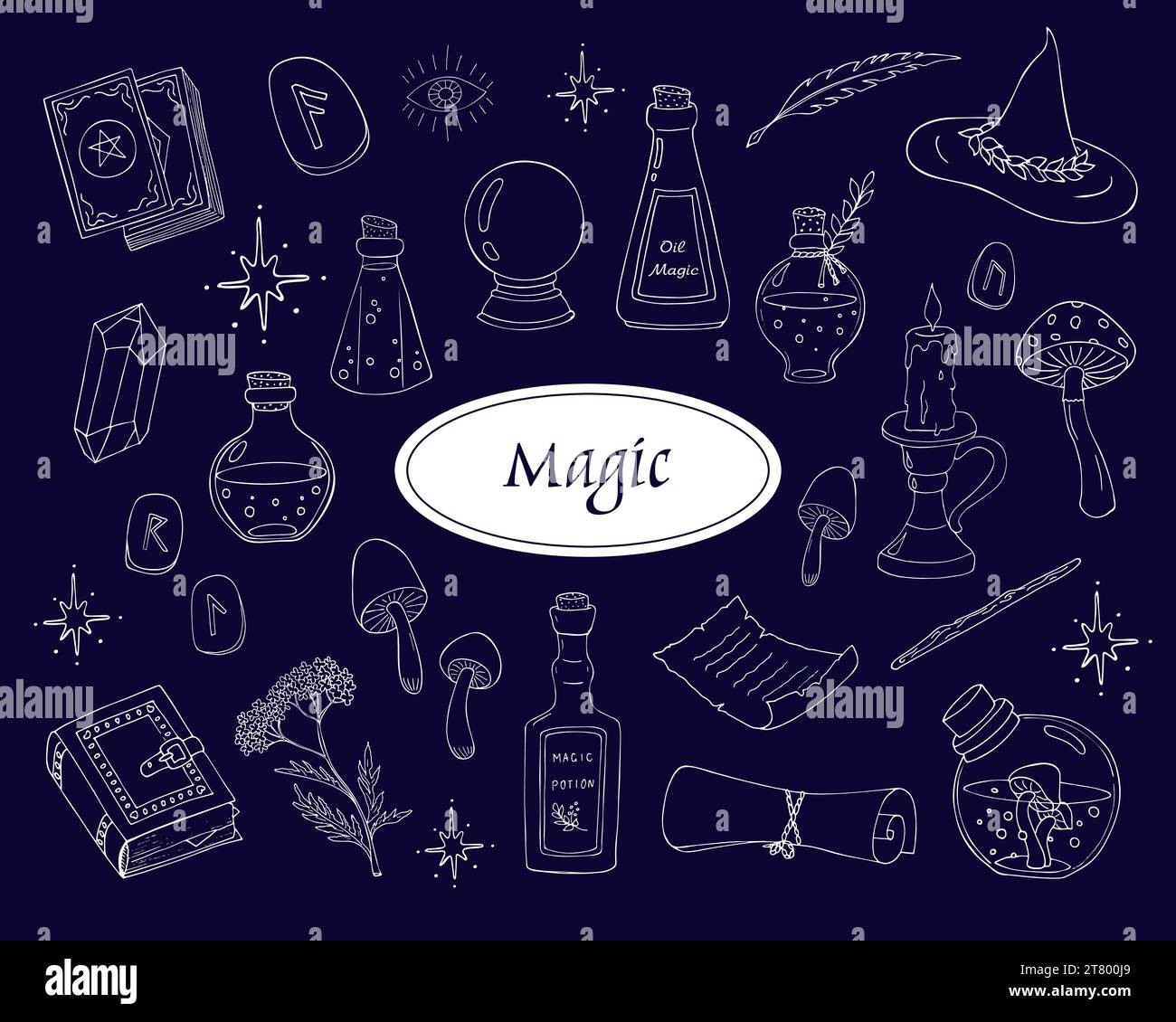 Magical doodle elements, magic poison bottles, crystal ball, witchcraft ...