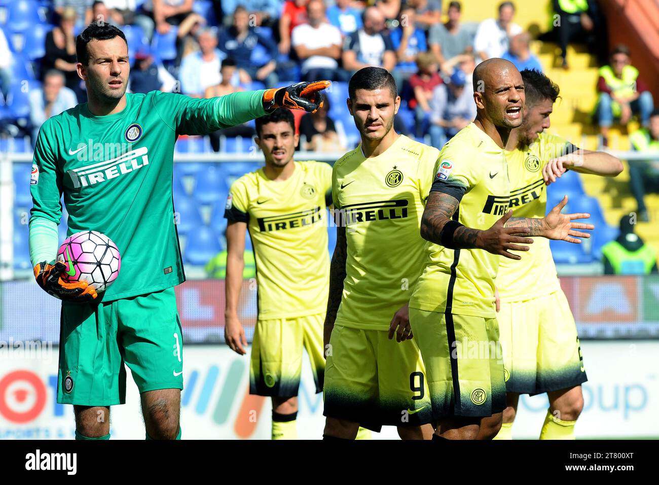 Samir Handanovic goalkeeper of FC Inter Milan issues instructions to ...