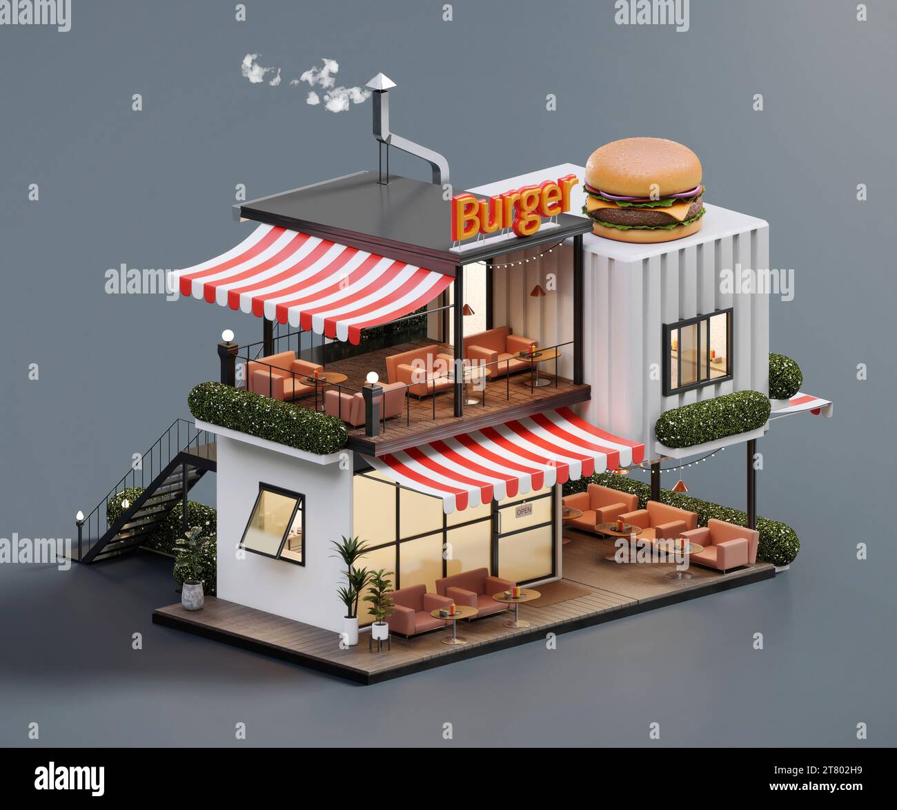 Isometric view minimal burger restaurant container store exterior ...