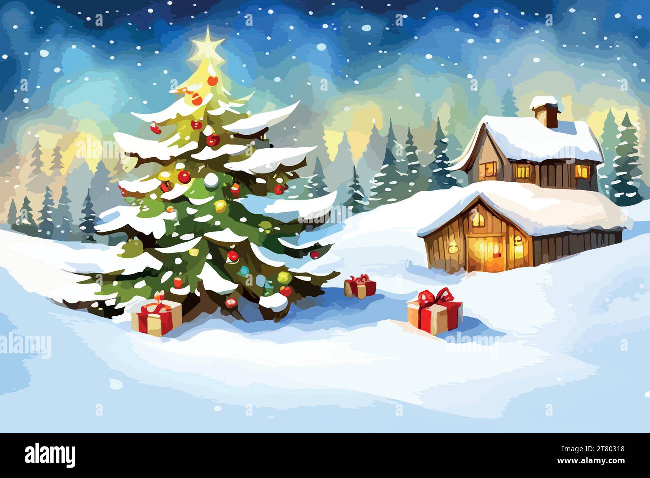 winter countryside view, Christmas fir trees with gifts, fairy tale ...