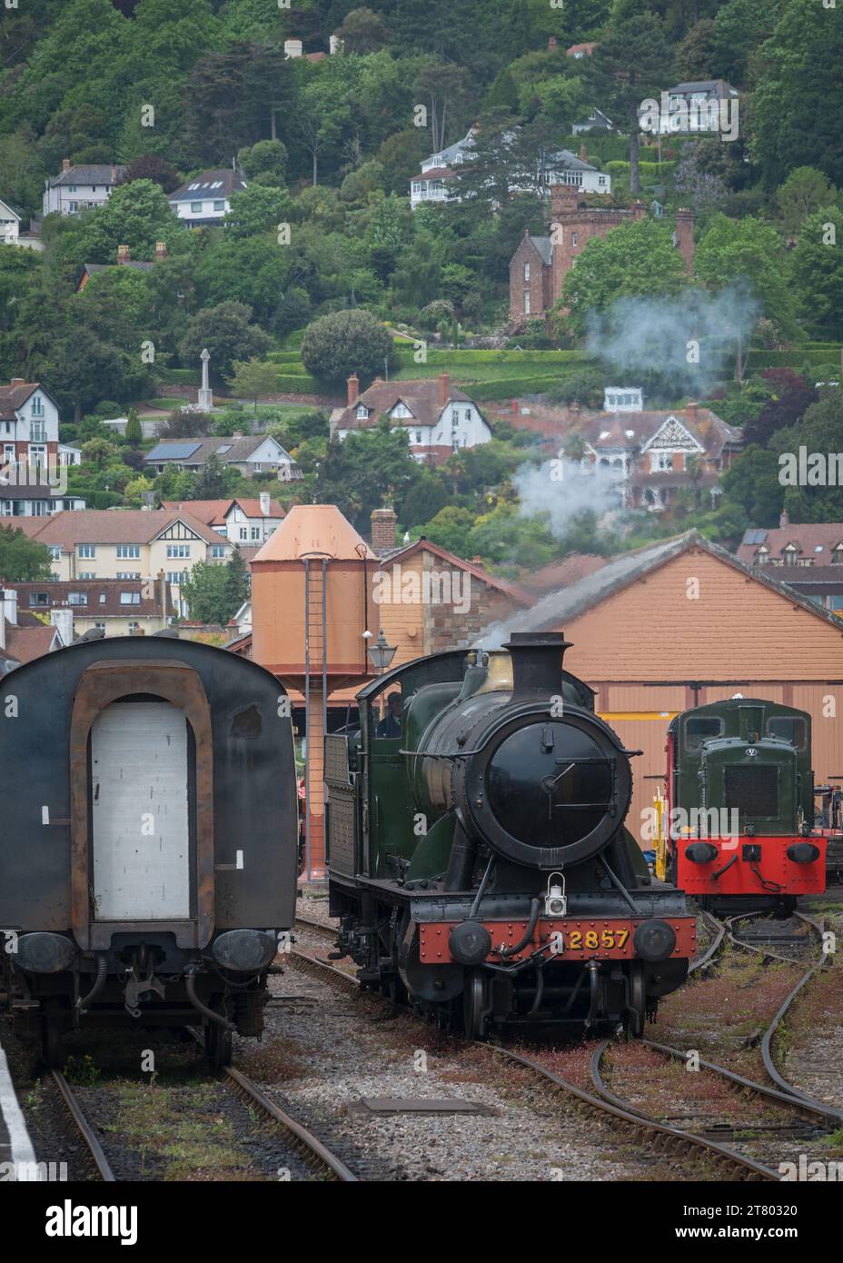 Steam locomotive 2857 on the move at Minehead Station on the West Somerset Railway in Somerset ...