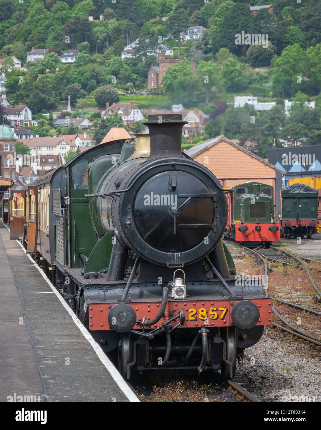 Steam locomotive 2857 on the move at Minehead Station on the West Somerset Railway in Somerset ...