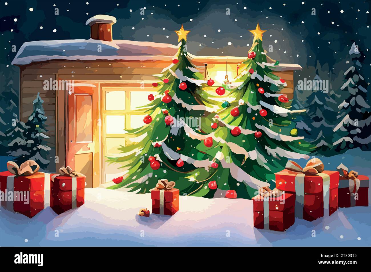 winter countryside view, Christmas fir trees with gifts, fairy tale ...