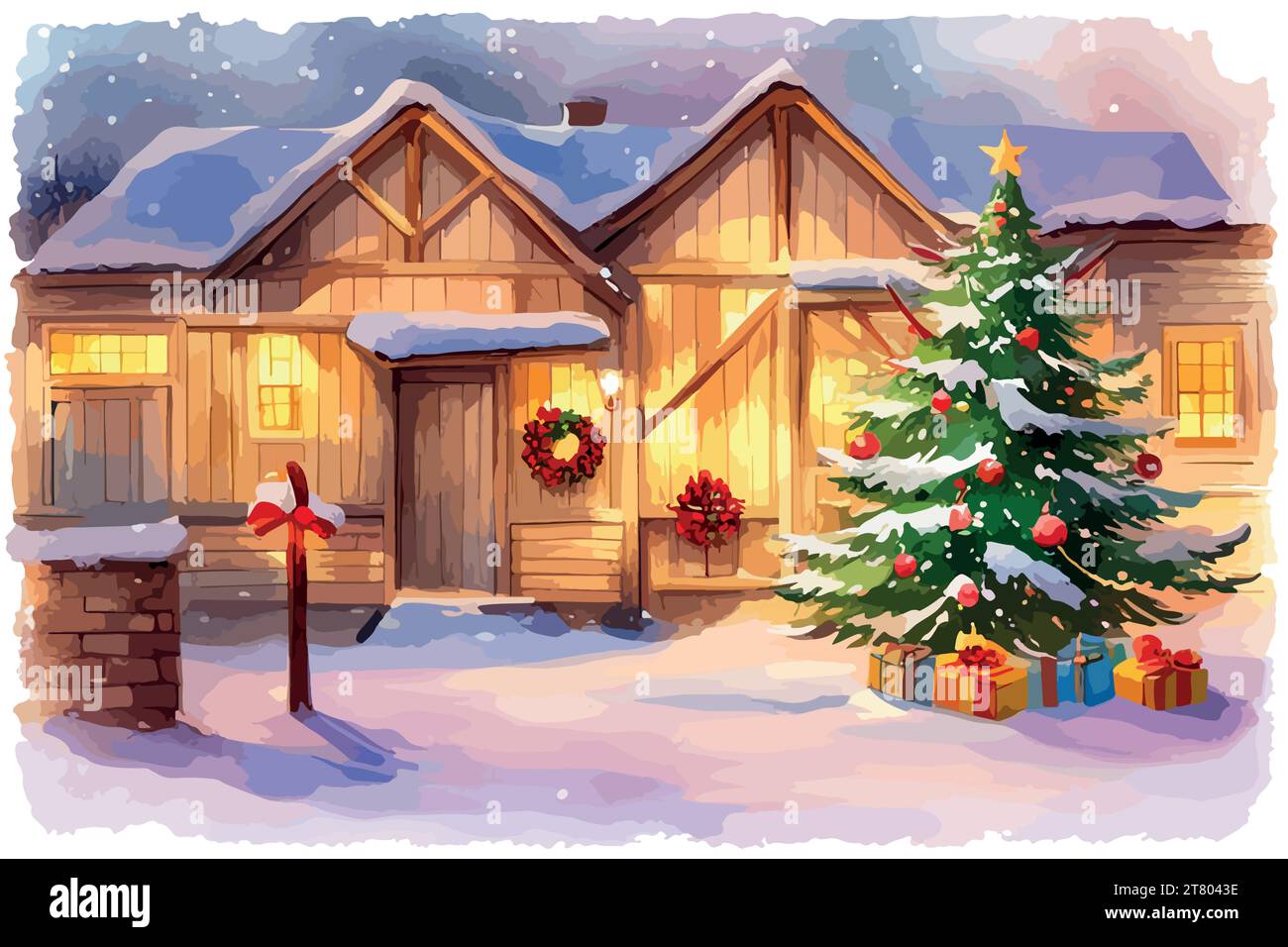 winter countryside view, Christmas fir trees with gifts, fairy tale ...