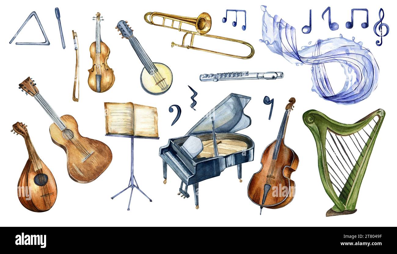 Set of classical musical instruments watercolor illustration isolated ...