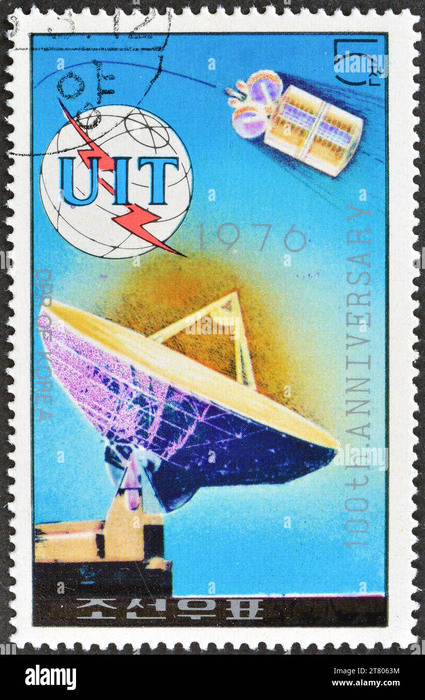 Cancelled postage stamp printed by North Korea, that shows Satellite ...