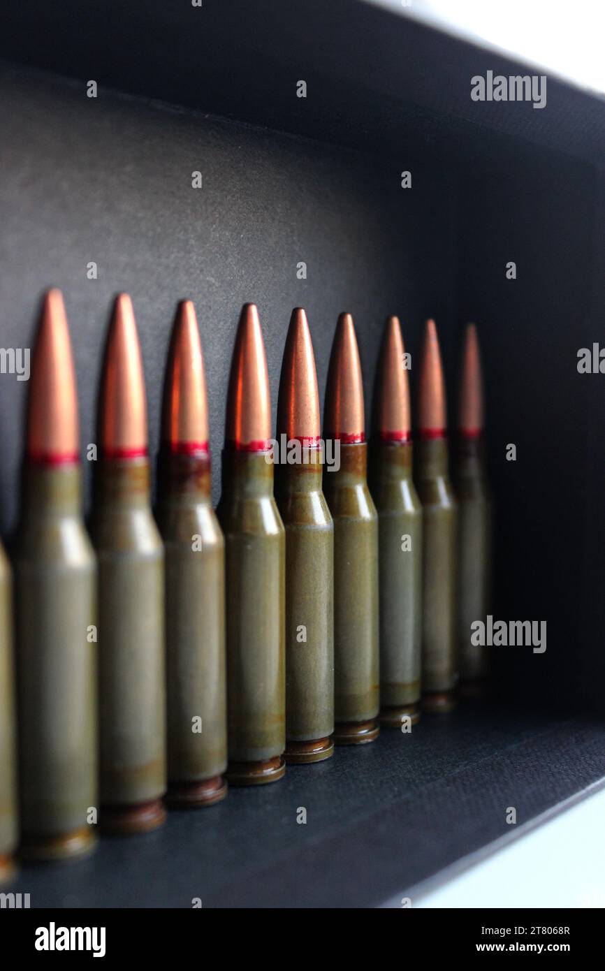 Vertical photo of live ammunition lined up stored in a black case Stock ...