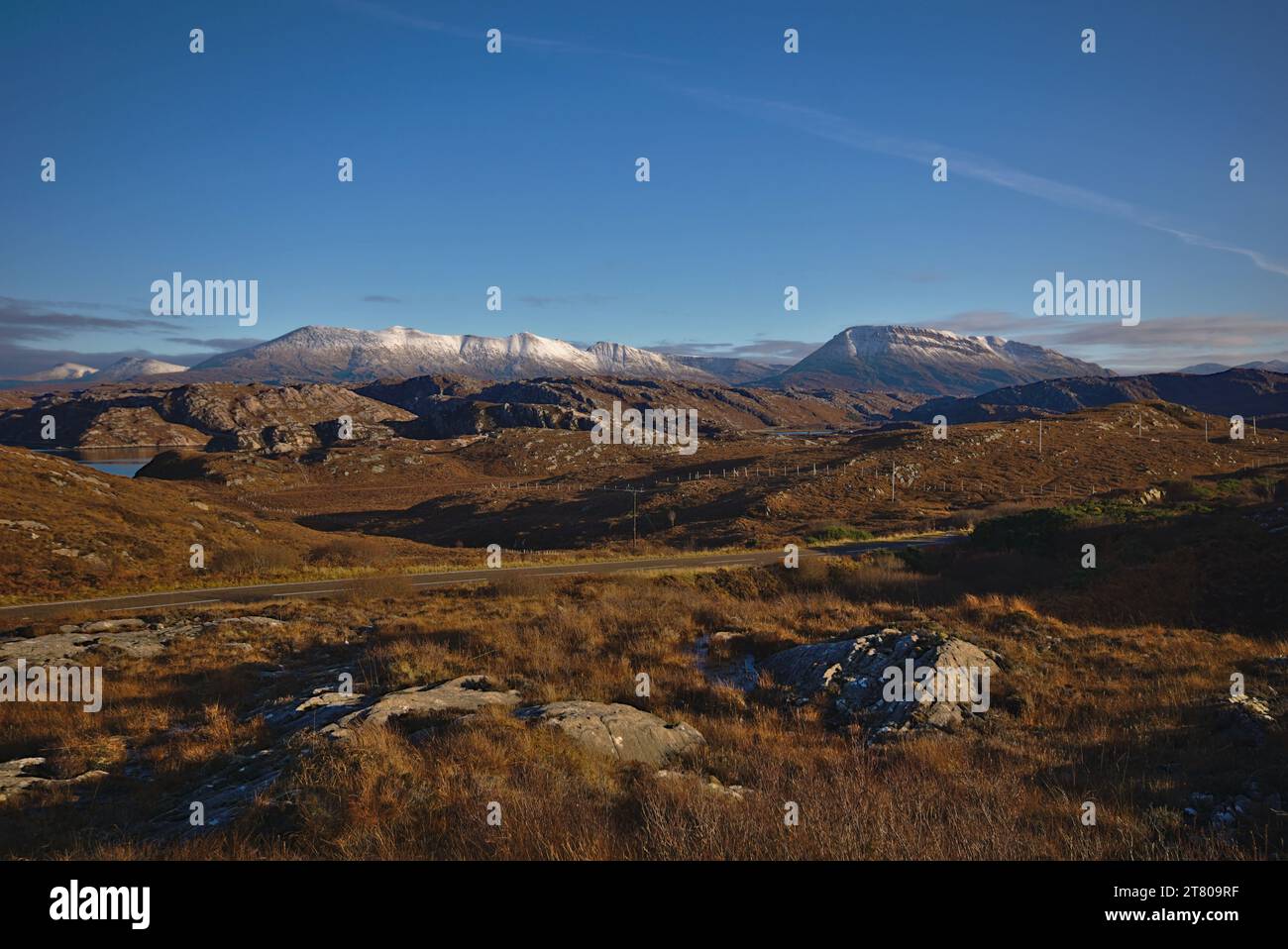 Snowy Mountains from the A838 North of Scourie, Sutherland, North West ...