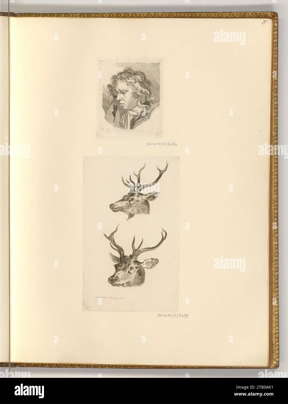 Joseph Fischer A sleeping man (half -length portrait); Deer. etching ...