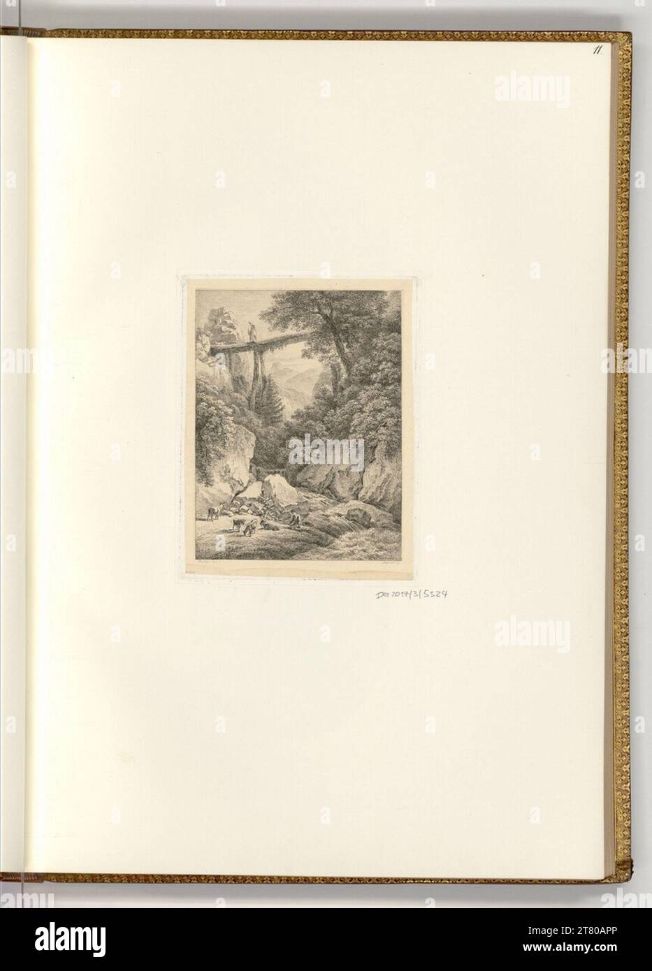 Joseph Mössmer (Engraver) A narrow wooden bridge over a rock gorge with ...
