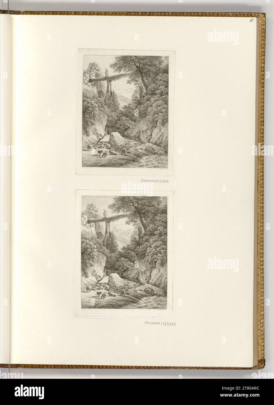 Joseph Mössmer (Engraver) A narrow wooden bridge over a rock gorge with ...