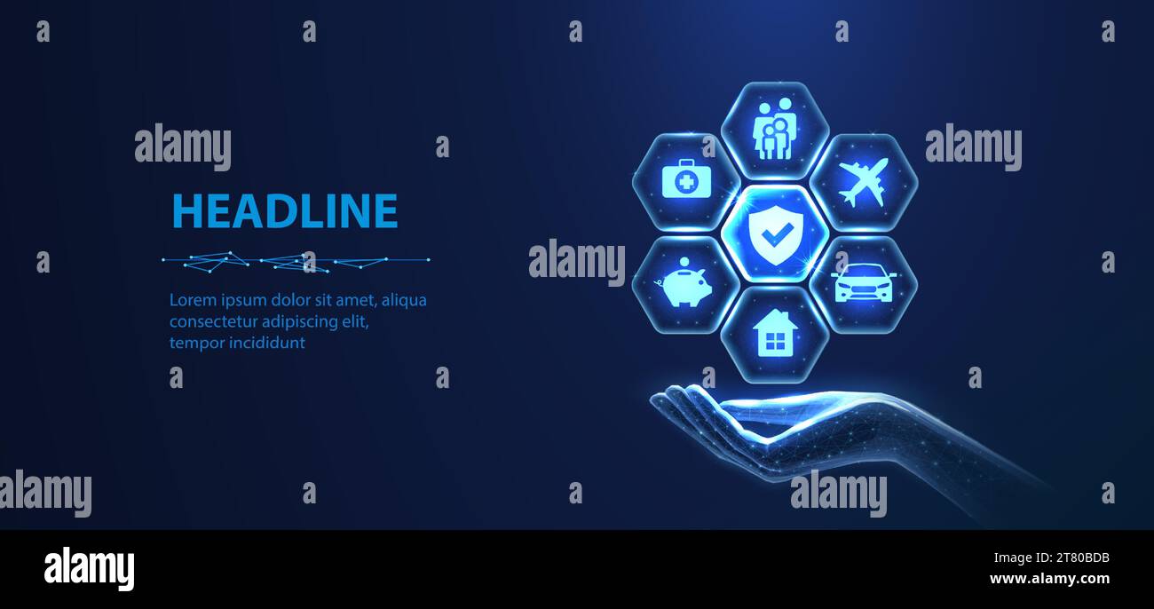 Complex insurance plan. Insurance objects icons inside hexagons around ...
