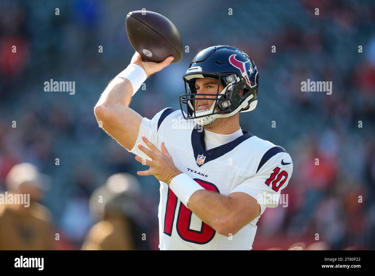 Houston Texans quarterback Davis Mills (10) throws during warmup before an NFL football game ...